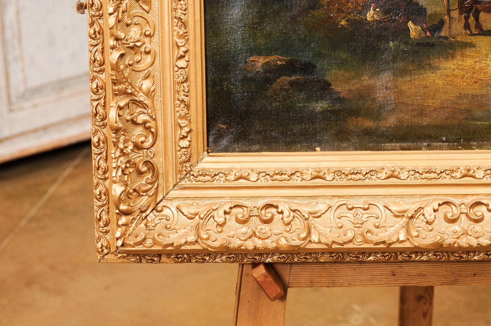 French Oil on Canvas Painting Depicting a Serene Barnyard Scene in ...
