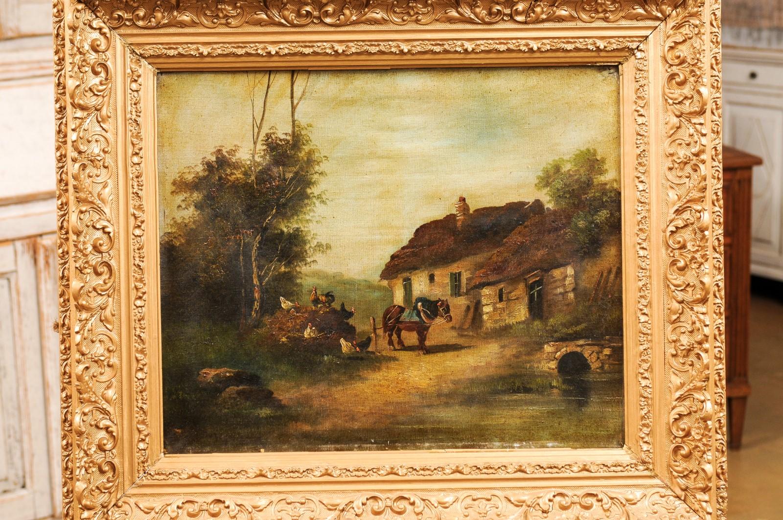 French Oil on Canvas Painting Depicting a Serene Barnyard Scene in ...