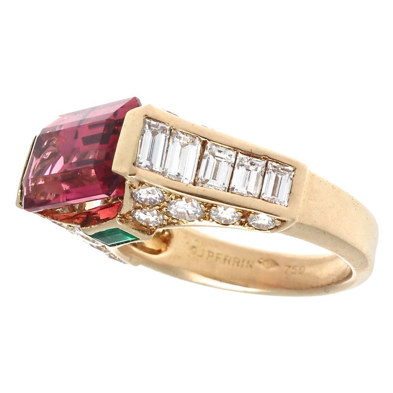 French OJ Perrin Pink Tourmaline Emerald Diamond Baguette Ring For Sale at 1stDibs