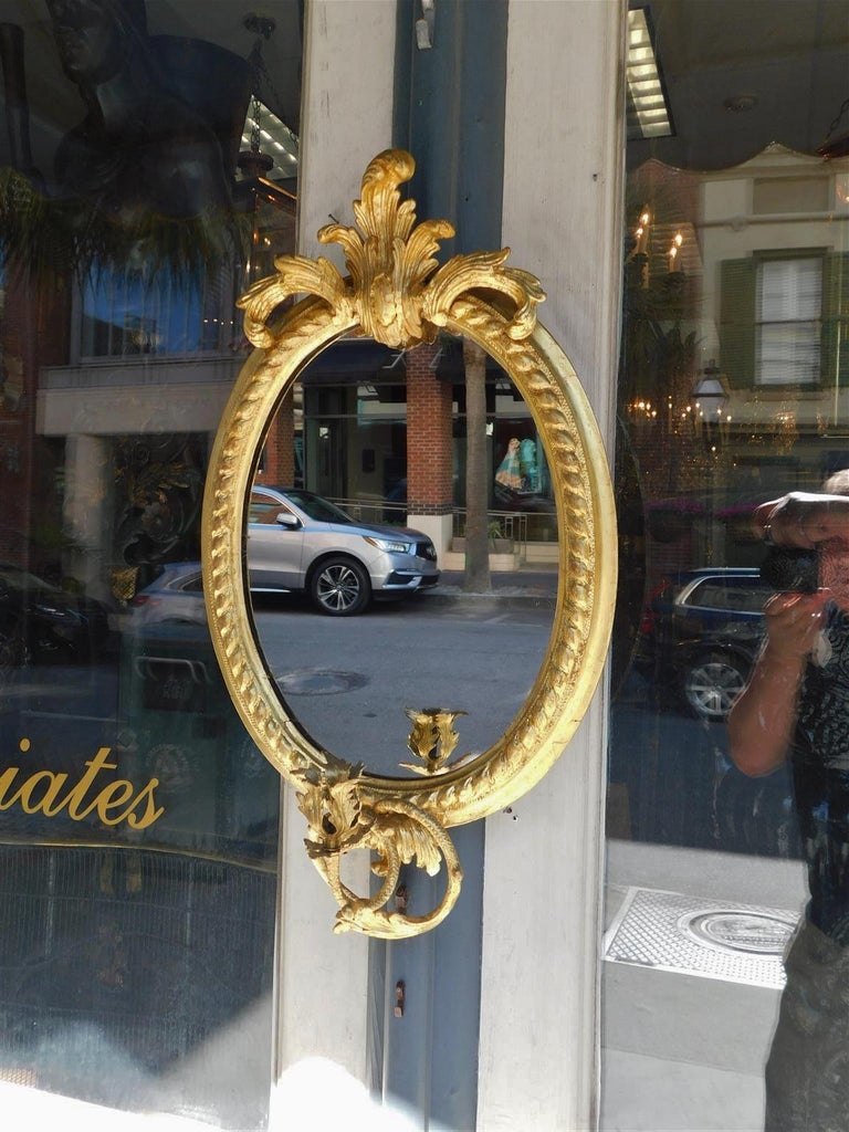 French Oval Gilt Wood and Gesso Foliage Crest Candle Arm Wall Mirror ...