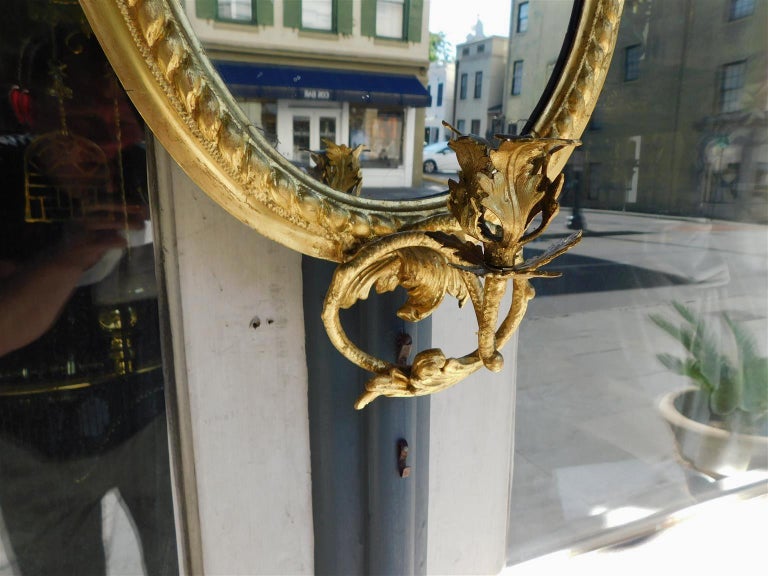 French Oval Gilt Wood and Gesso Foliage Crest Candle Arm Wall Mirror ...
