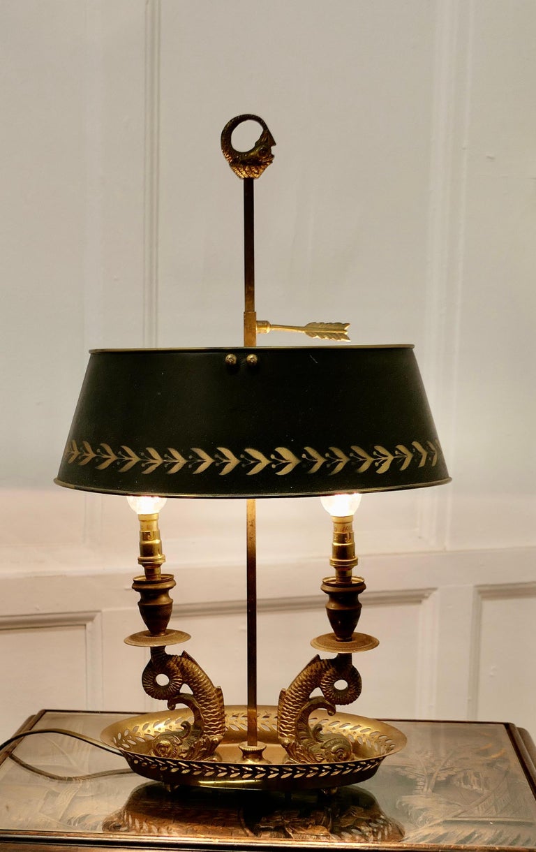 French Painted Toleware and Brass Twin Desk Lamp For Sale at 1stDibs