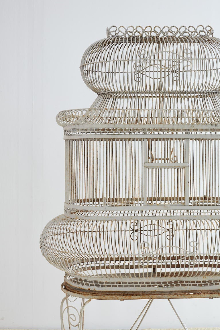 French Painted Wrought Iron Bird Cage on Stand at 1stDibs
