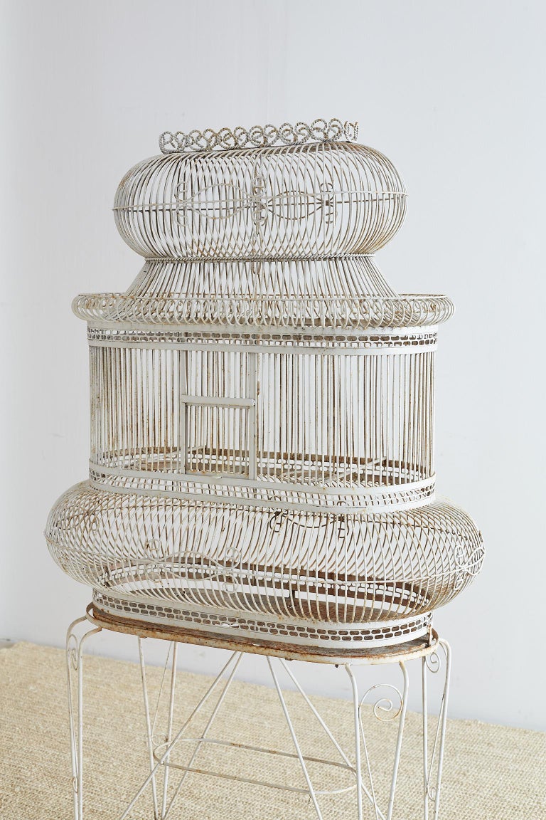 French Painted Wrought Iron Bird Cage on Stand at 1stDibs