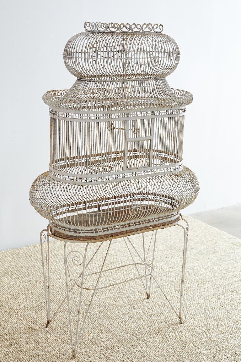 French Painted Wrought Iron Bird Cage on Stand at 1stDibs