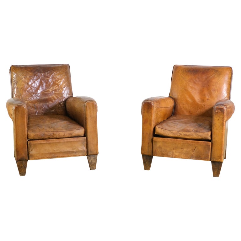 French Pair Brown Leather Club Chairs with Square Back For Sale at 1stDibs