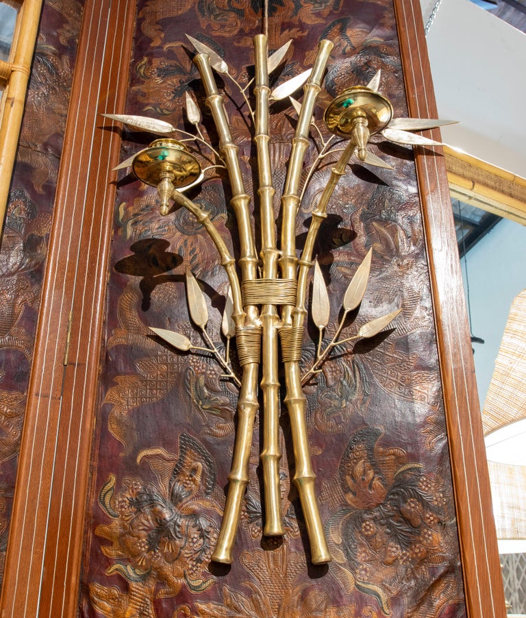 French Pair of Bronze Sconces with Bamboo Leaves Decoration For Sale at ...