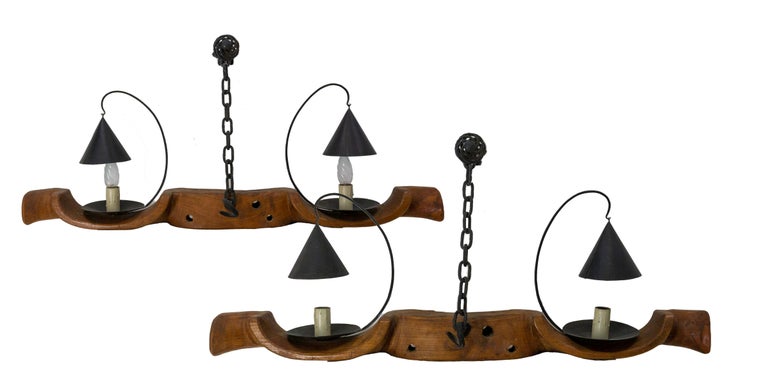 French Pair of Sconces Yoke Elm and Iron Double Lamps Mid-Century For ...