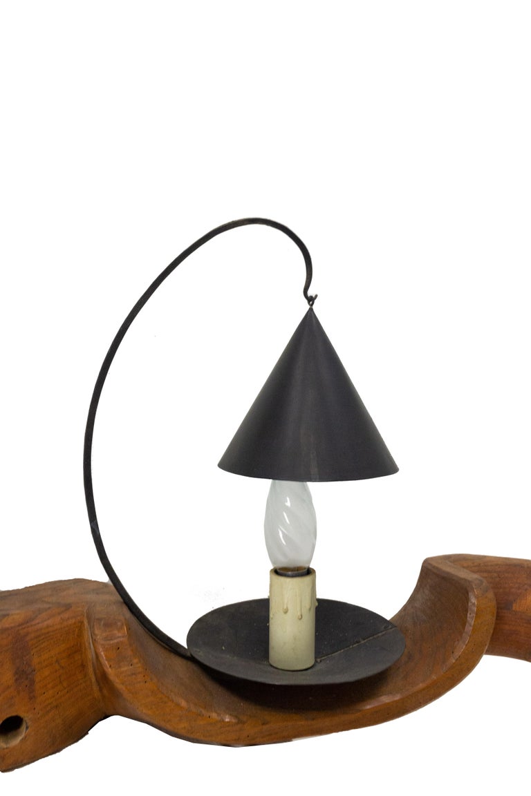 French Pair of Sconces Yoke Elm and Iron Double Lamps Mid-Century For ...
