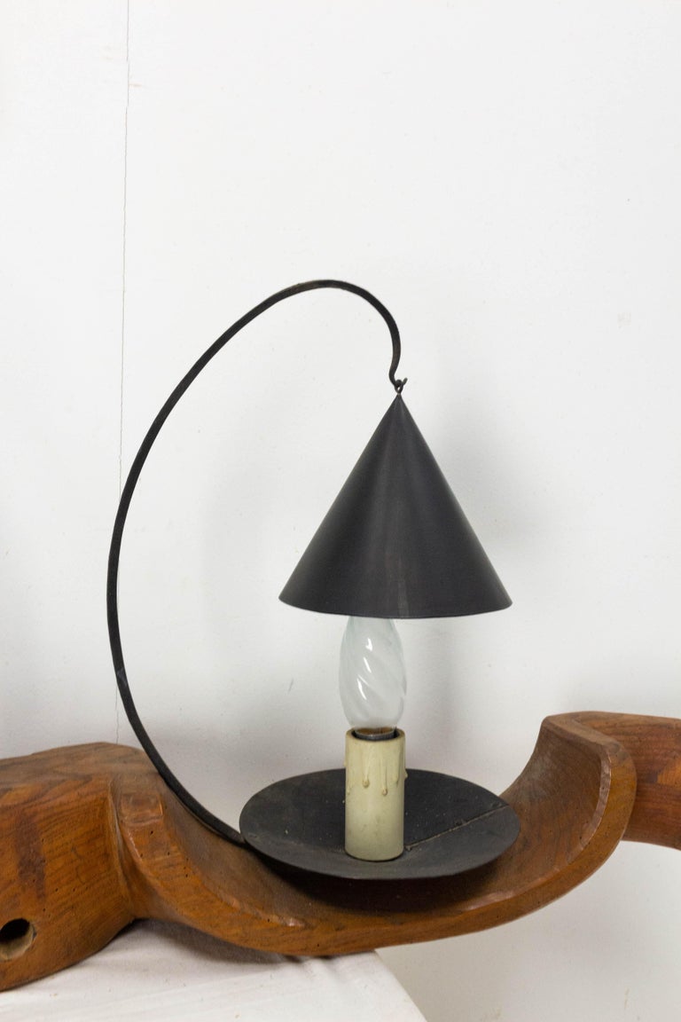 French Pair of Sconces Yoke Elm and Iron Double Lamps Mid-Century For ...