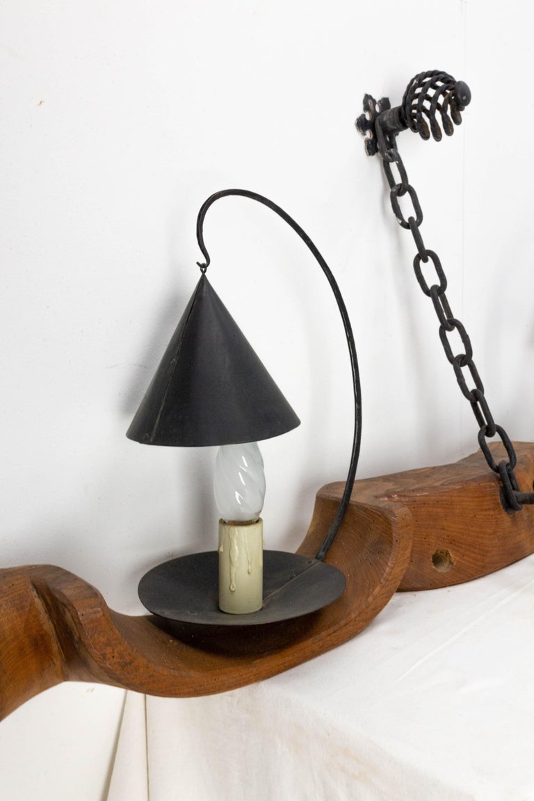 French Pair of Sconces Yoke Elm and Iron Double Lamps Mid-Century For ...
