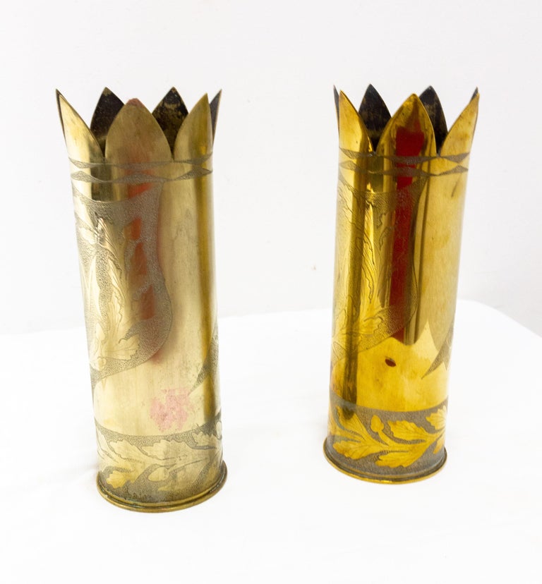 French Pair of World War I Brass Engraved Shell Casings Trench ...