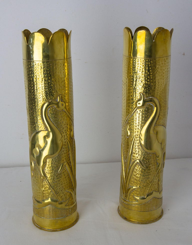 French Pair of World War I Brass Heron Engraved Shells Casing Trench ...