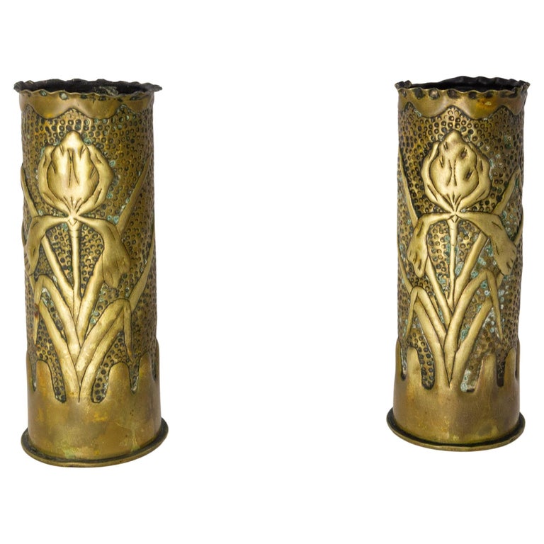 French Pair of World War I Brass Iris Engraved Shells Casing Trench ...