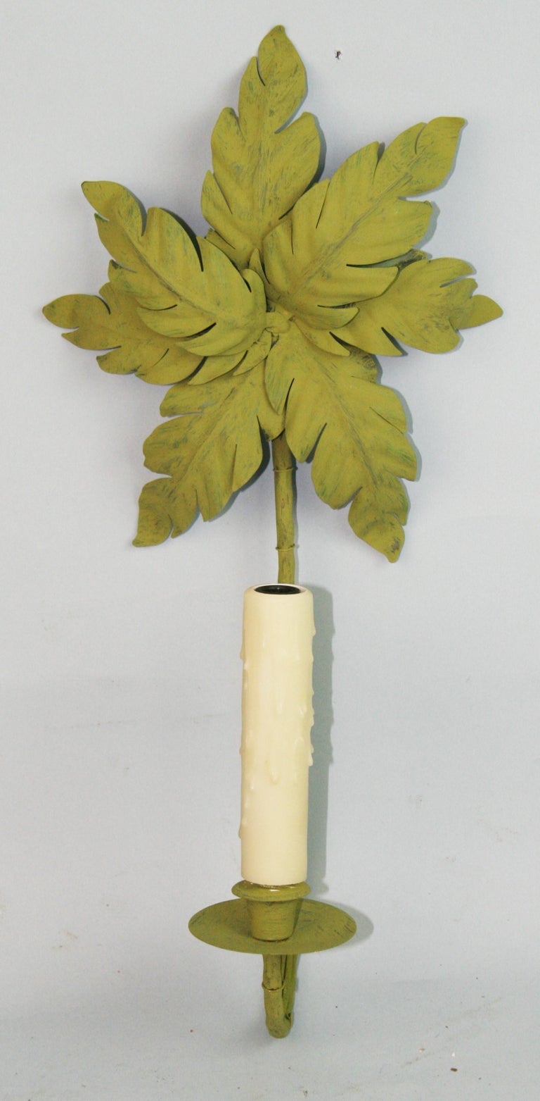 French Pair Palm Tree Sconces Olive Green Painted Metal 1950's For Sale ...