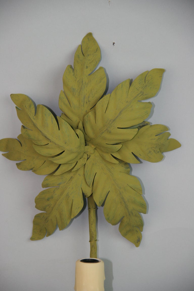 French Pair Palm Tree Sconces Olive Green Painted Metal 1950's For Sale ...