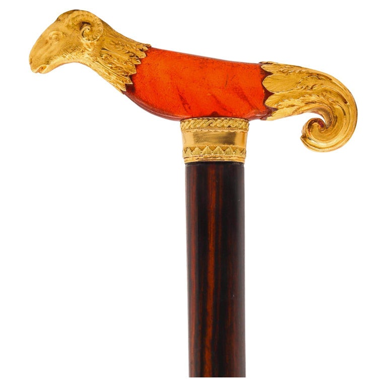 French Paris 1880 Neoclassic Walking Cane 18Kt Gold with Carved Amber ...