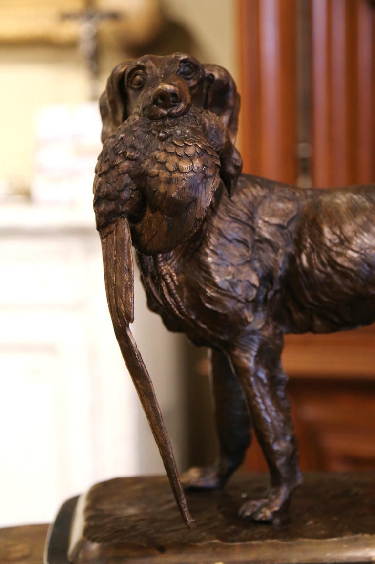 French Patinated Spelter Hunting Dog and Pheasant on Marble Signed P.J ...