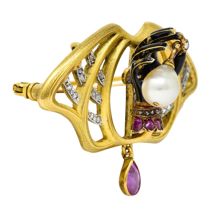 French Pearl Enamel 1.00 Carat Ruby Diamond Platinum 18 Karat Gold Hand ...