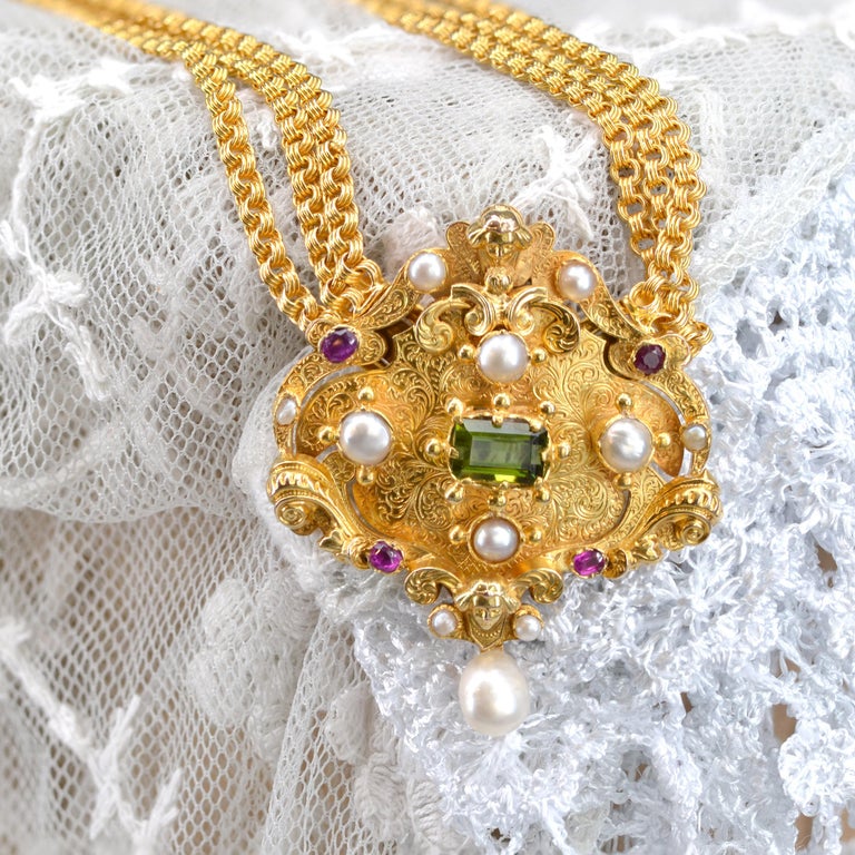 French Pearl Ruby Tourmaline 18K Yellow Gold Transformable Antique ...