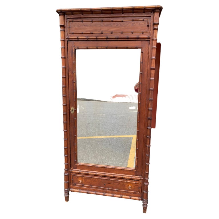 French Pine Faux Bamboo Armoire with Lovely Front Mirror For Sale at ...
