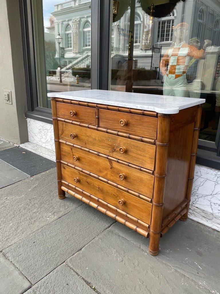 French Pine Faux Bamboo Marble Top Chest, 20th Century at 1stDibs