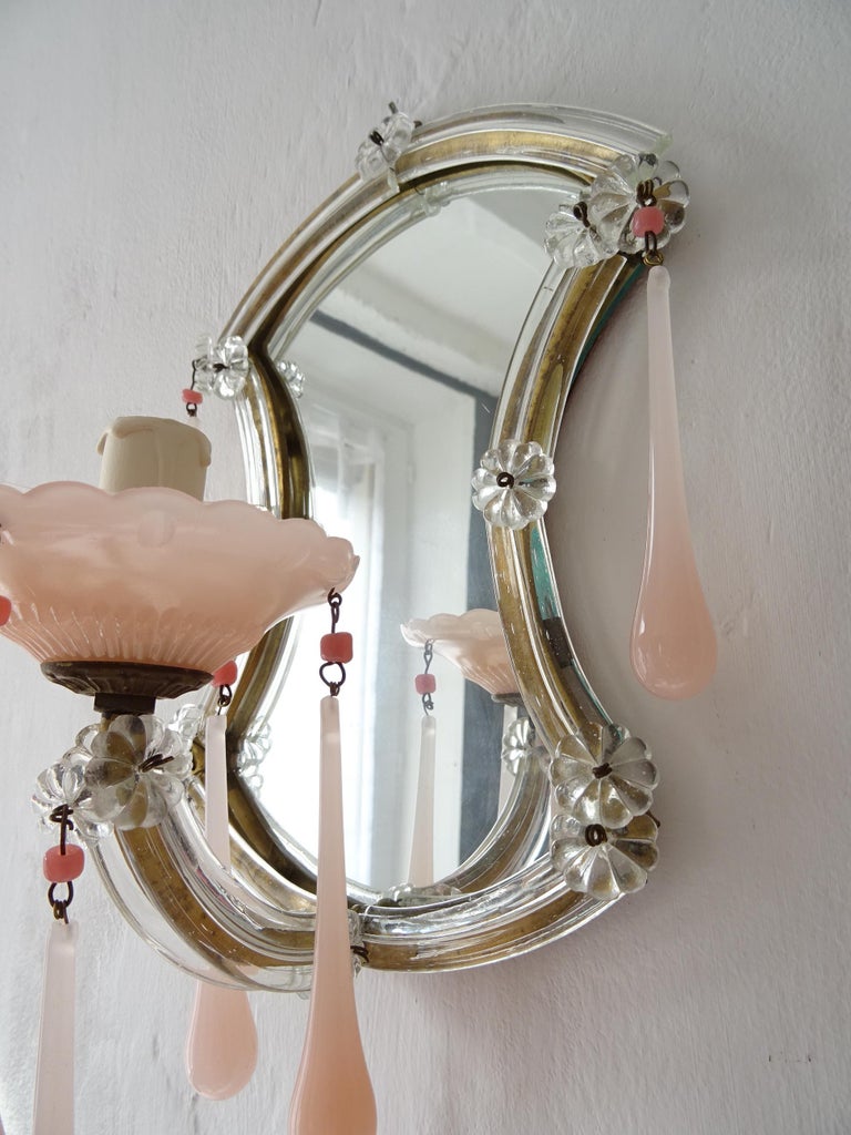 French Pink Opaline Drops Mirror Murano Glass Sconces, circa 1920 For ...