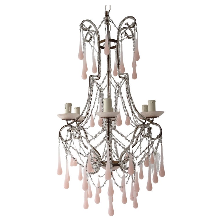 French Pink Opaline Murano Drops and Bobeches Chandelier, circa 1900 ...