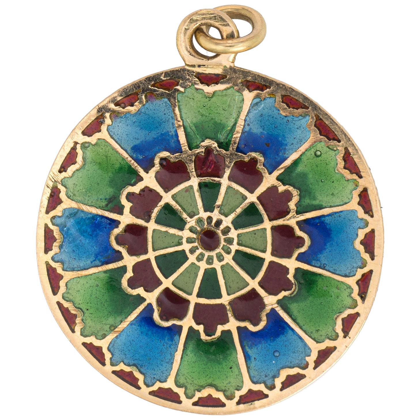 French Plique a Jour Antique Deco 18 K Gold Pendant Disc Vintage Fine ...