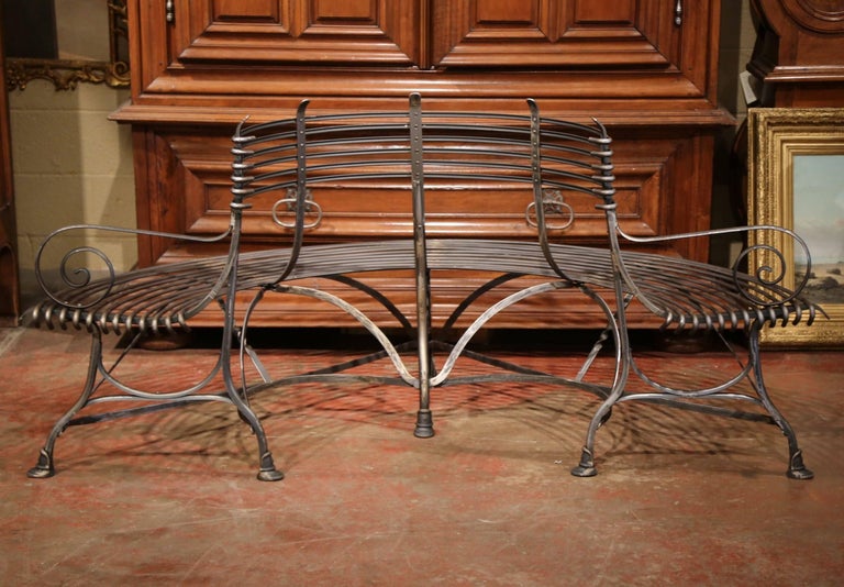 French Polished Iron Curved Around the Tree Shaped Garden Bench Signed ...
