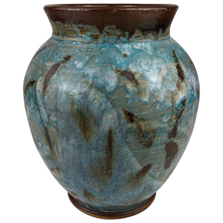 French Powder Blue Ceramic Vase with Aquatic Plants Decor, Signed For ...