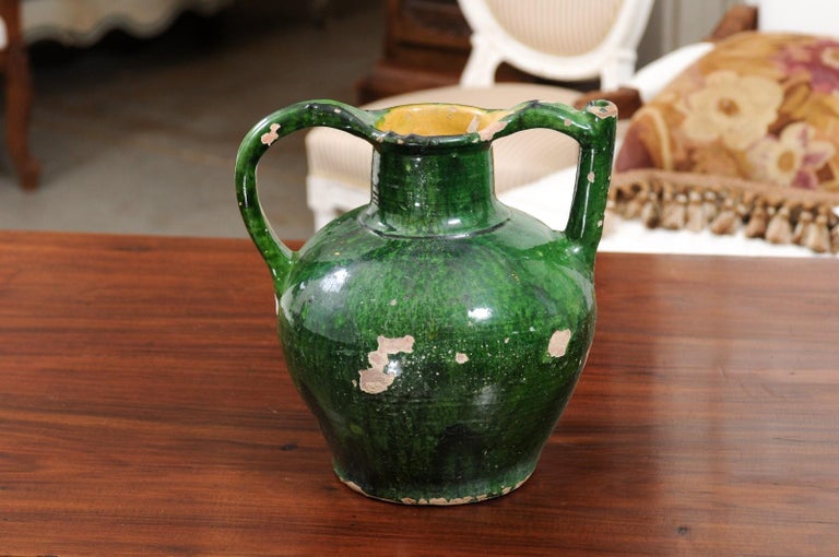 French Provincial 1850s Distressed Green Glazed Pottery Olive Oil Jug ...
