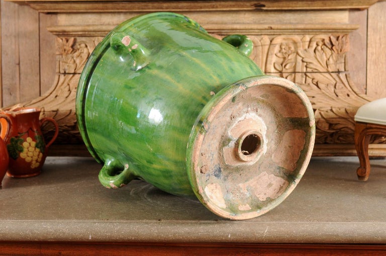 French Provincial 1850s Green Glazed Pottery Garden Urn with Four ...
