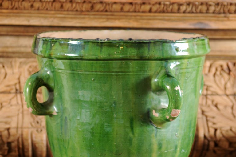 French Provincial 1850s Green Glazed Pottery Garden Urn with Four ...