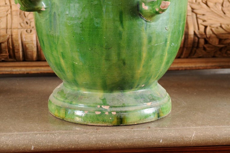 French Provincial 1850s Green Glazed Pottery Garden Urn with Four ...