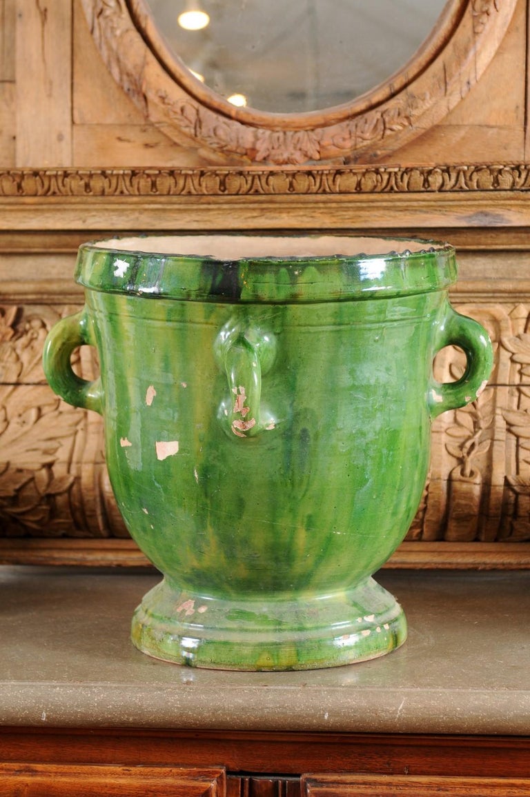 French Provincial 1850s Green Glazed Pottery Garden Urn with Four ...