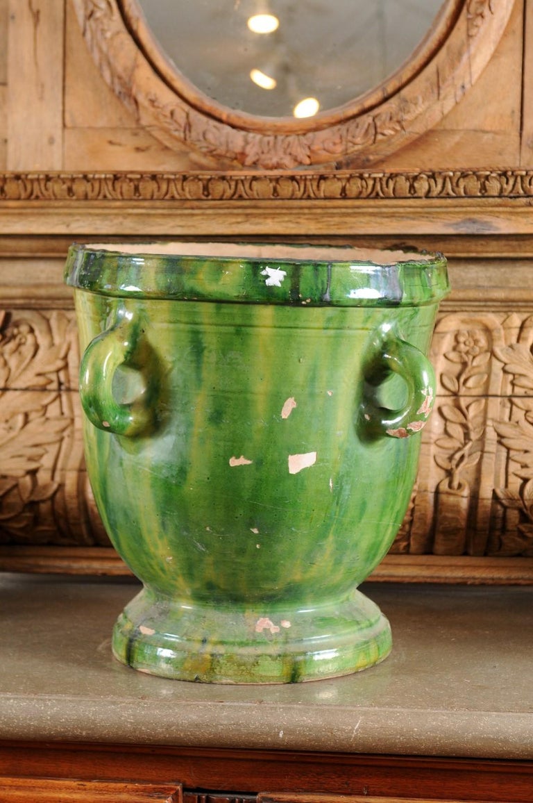 French Provincial 1850s Green Glazed Pottery Garden Urn with Four ...