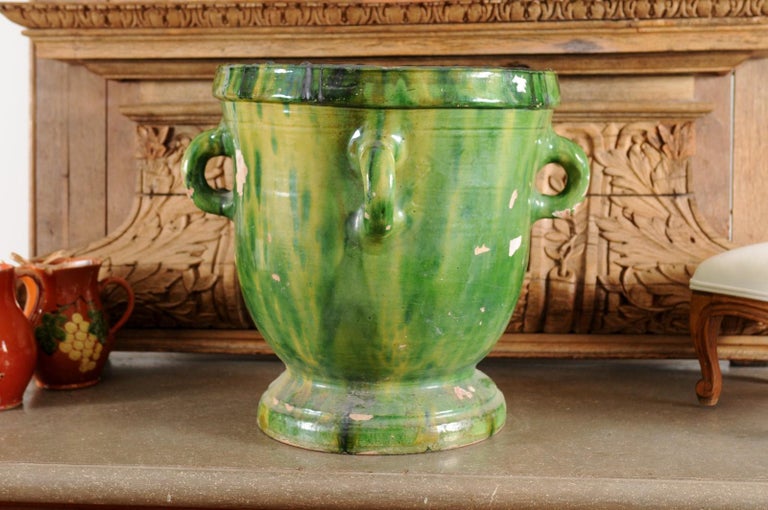 French Provincial 1850s Green Glazed Pottery Garden Urn with Four ...