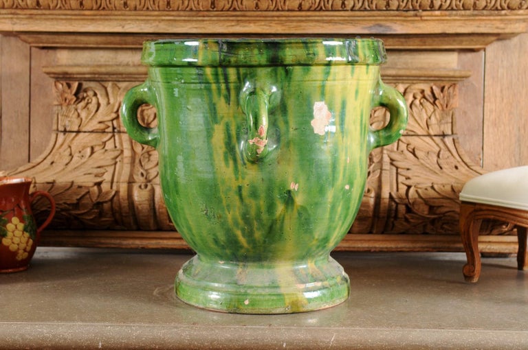 French Provincial 1850s Green Glazed Pottery Garden Urn with Four ...