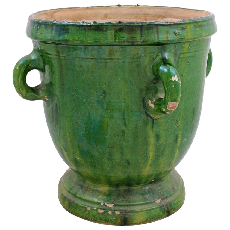 French Provincial 1850s Green Glazed Pottery Garden Urn with Four ...