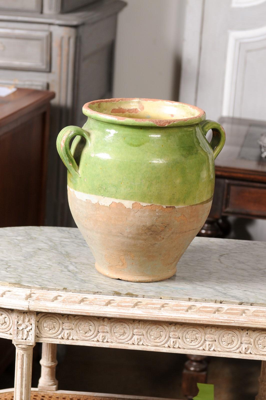 French Provincial 19th Century Green Glazed Confit Pot with Lateral ...