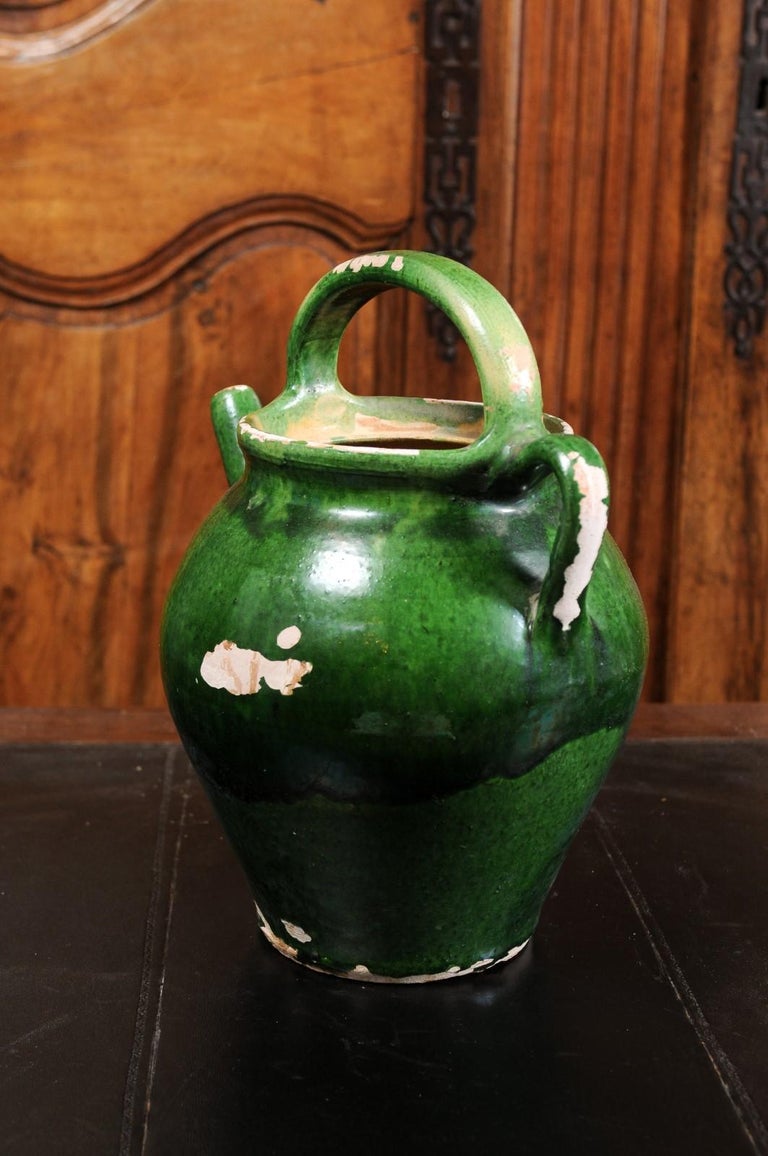 French Provincial 19th Century Green Glazed Olive Oil Jug with ...