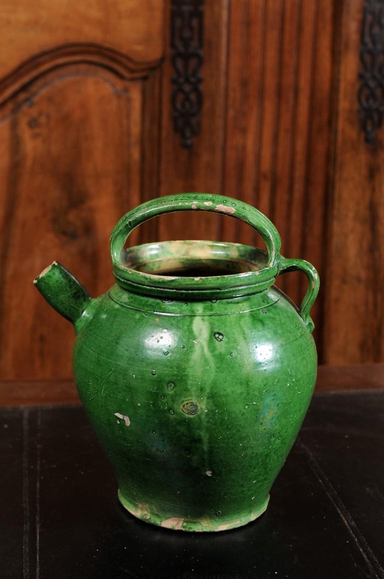 French Provincial 19th Century Green Glazed Olive Oil Jug with ...