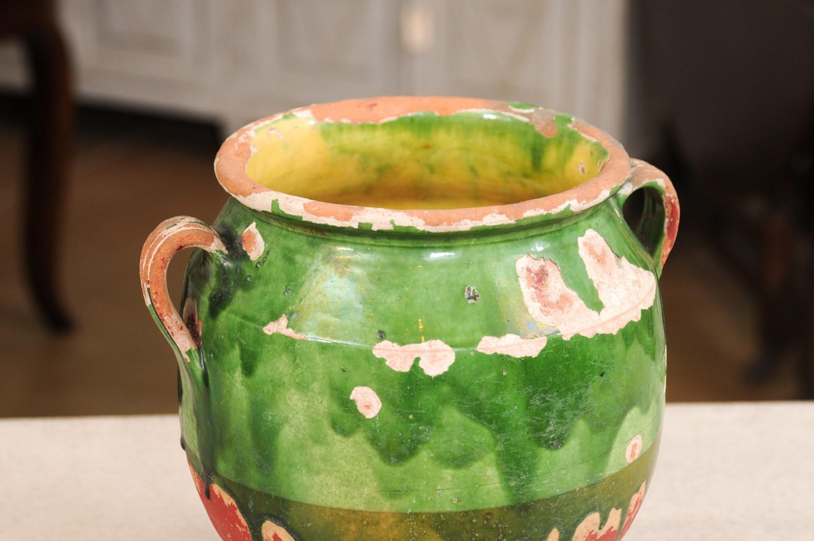 French Provincial 19th Century Green Glazed Pottery Confit Pot with Red ...