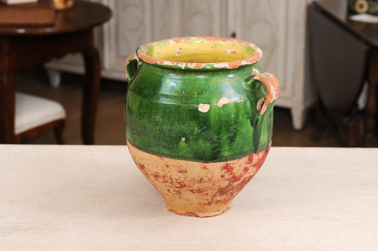 French Provincial 19th Century Green Glazed Pottery Confit Pot with Red ...