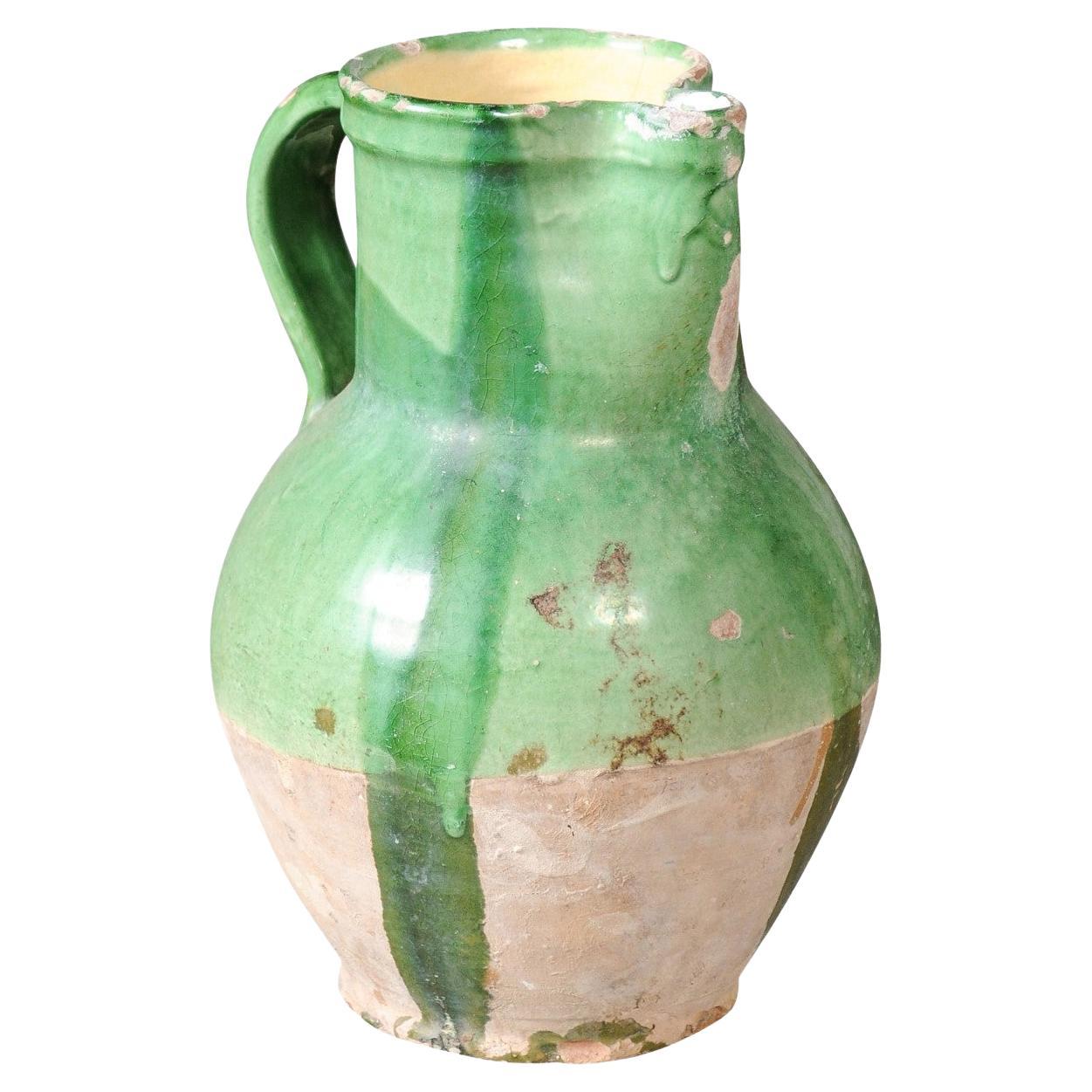 French Provincial 19th Century Green Glazed Pottery Jug with Handle and ...