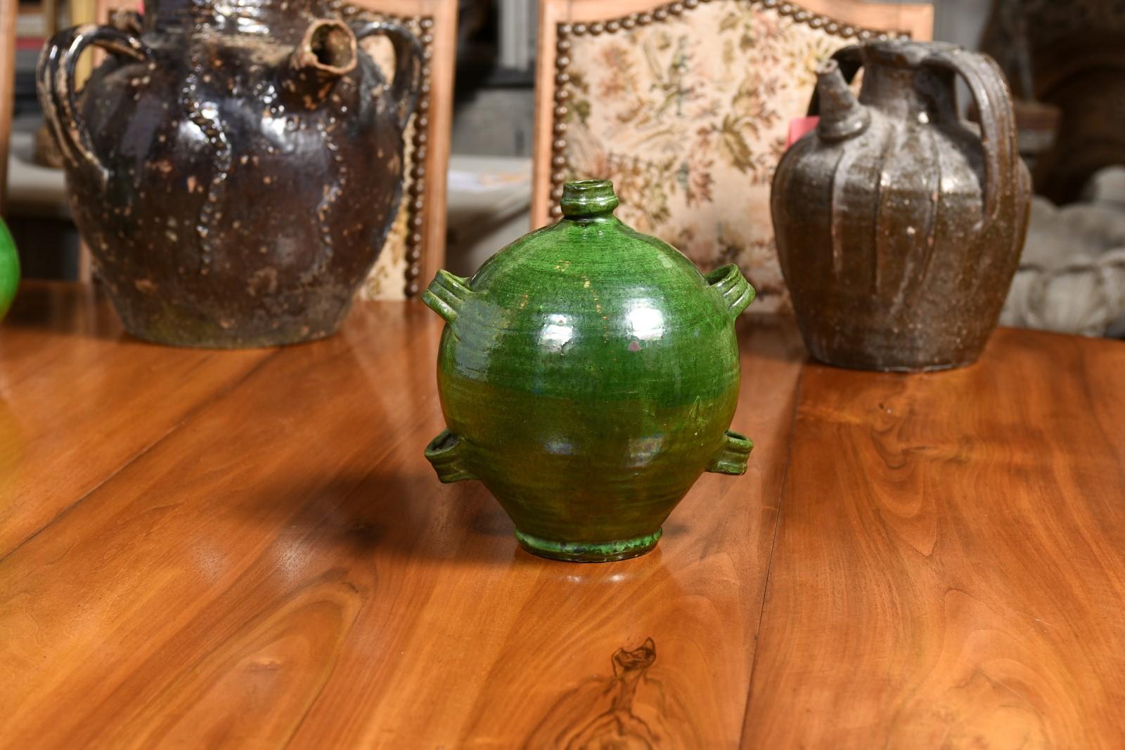 French Provincial 19th Century Green Glazed Pottery Jug with Multiple ...