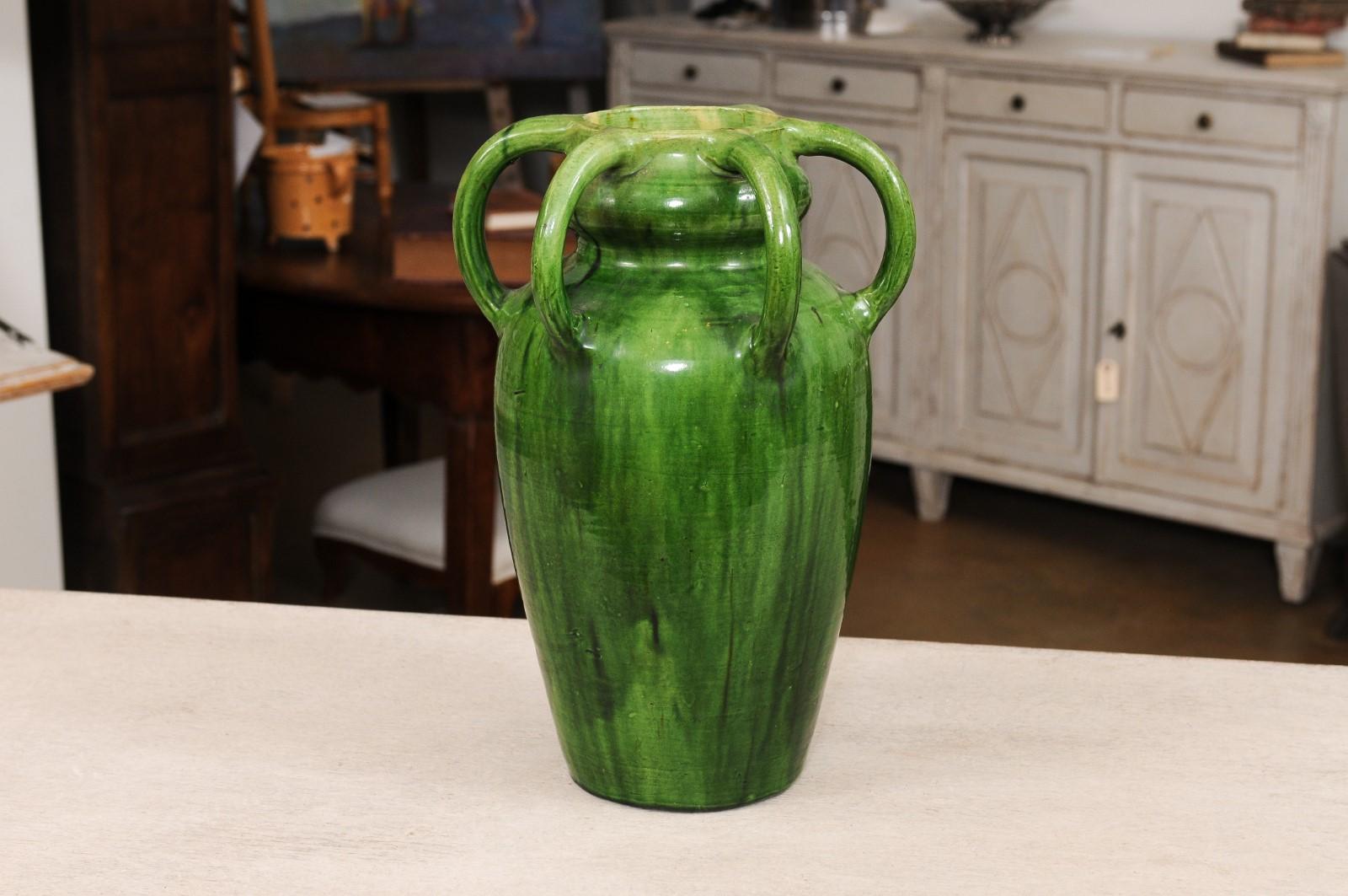 French Provincial 19th Century Green Glazed Pottery Vase with Six ...