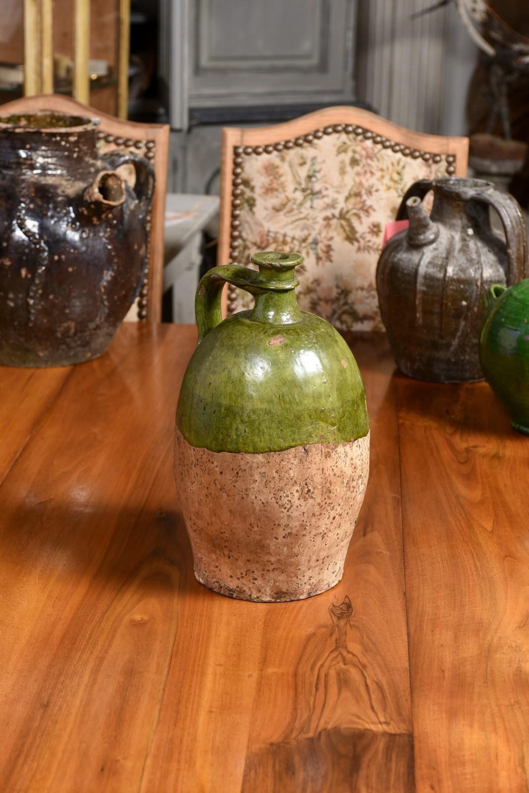 French Provincial 19th Century Pottery Jug with Green Glaze and Back ...