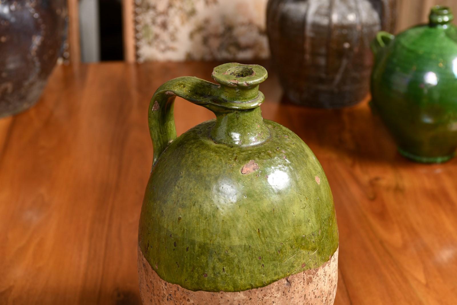 French Provincial 19th Century Pottery Jug with Green Glaze and Back ...